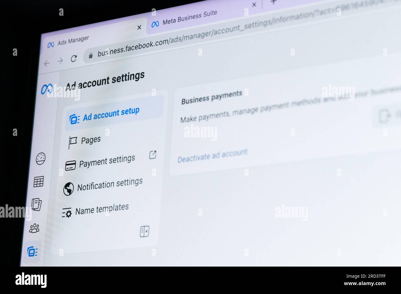 New York, USA - June 17, 2023: Ad account setting in Meta Business menu ...
