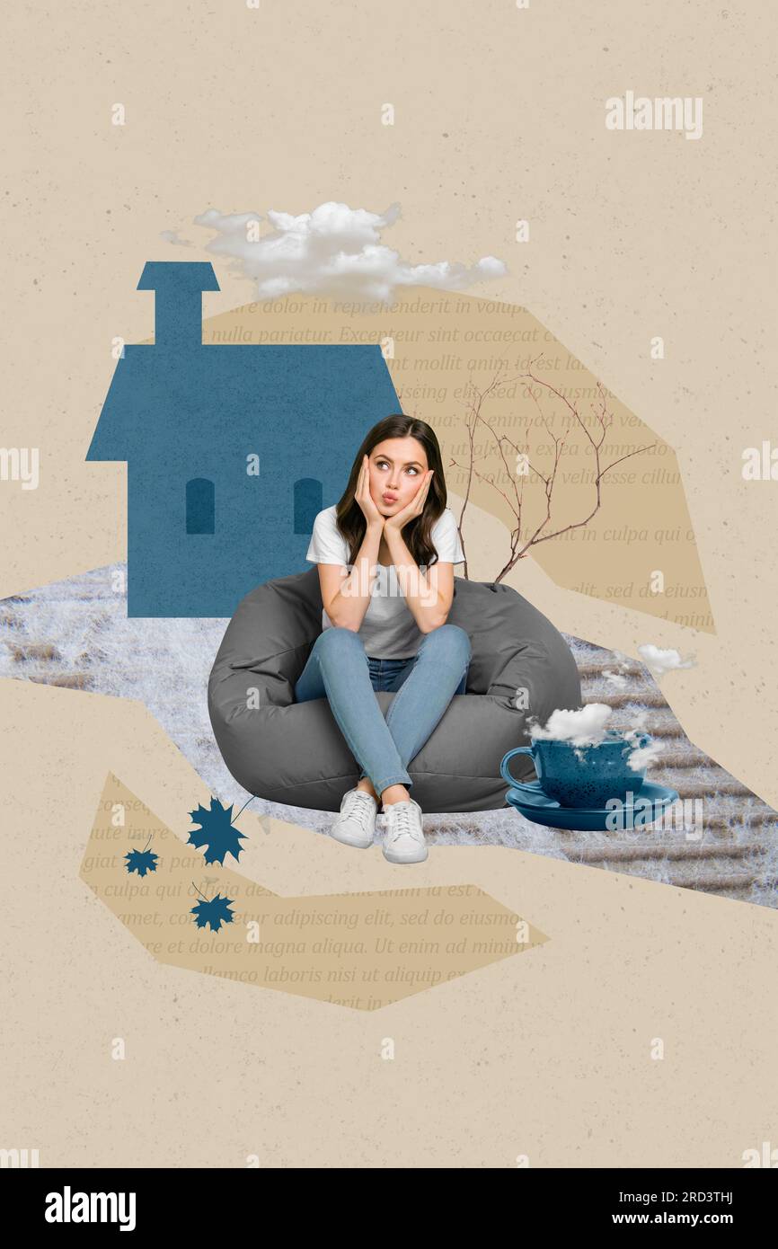 Vertical collage image of minded girl sit beanbag contemplate drawing ...