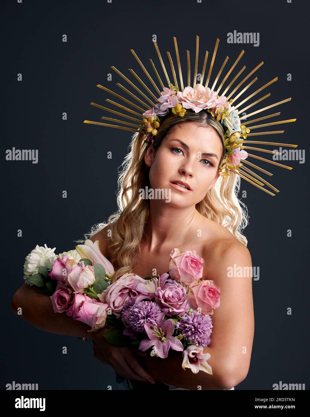 Woman, spring goddess and studio portrait with flowers, beauty and ...