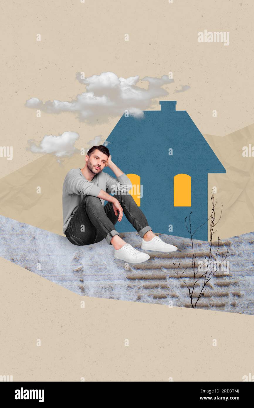 Vertical collage picture of unsatisfied depressed guy sit ground ...