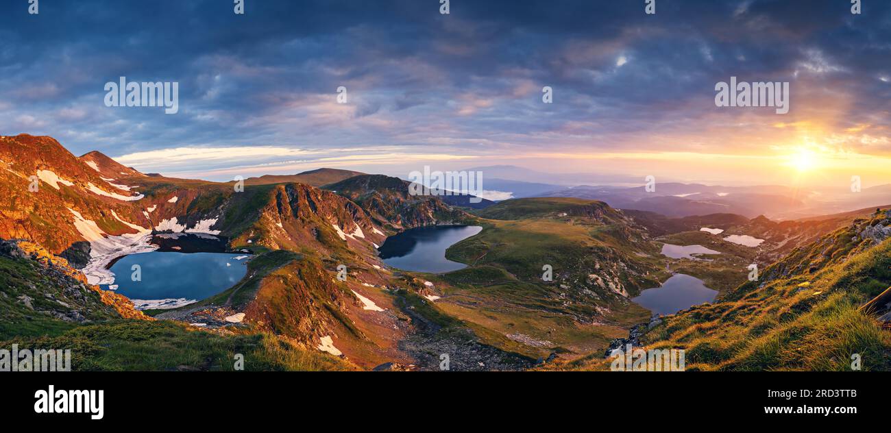 Aerial panoramic view of Seven Rila lakes and waterfalls in nature of ...