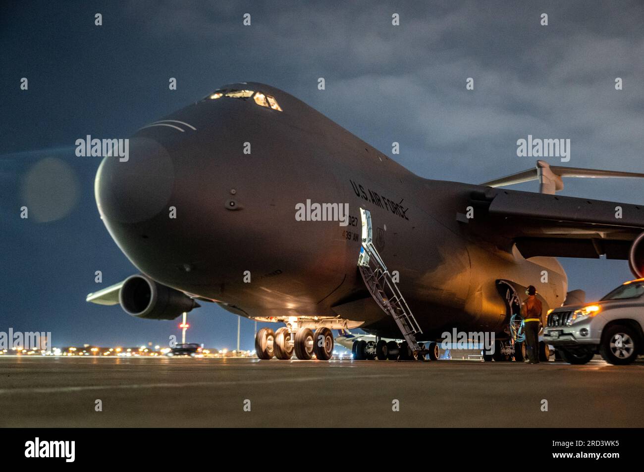 A U.S. Air Force C-5 Galaxy aircraft lands at Jorge Chávez ...