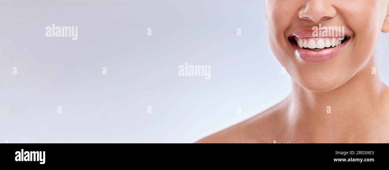 Banner, smile and woman for dentist marketing, advertising healthcare ...