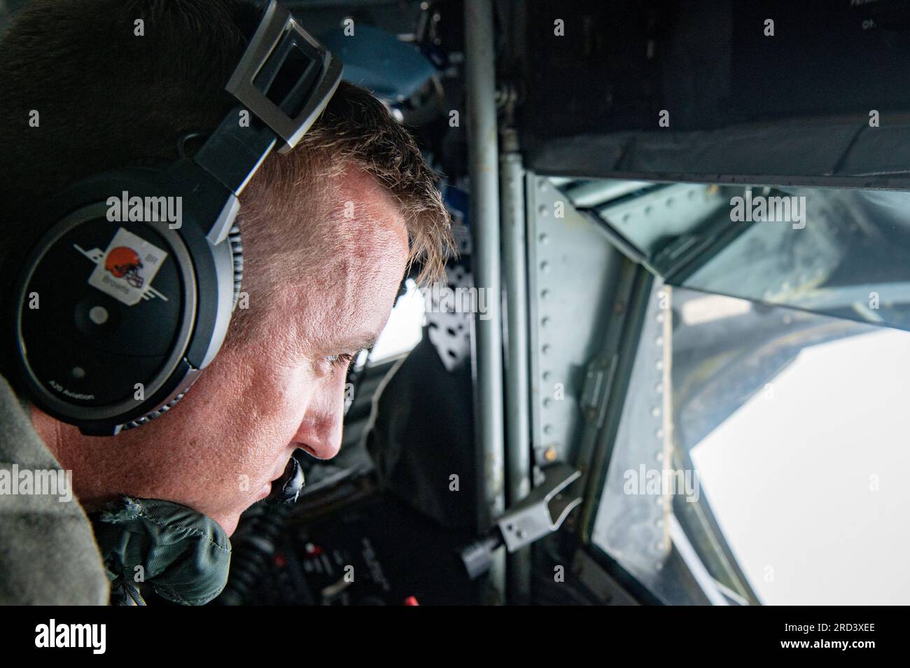 U.S. Air Force Master Sgt. Gregory Wetzel, a boom operator with the 121st Air Refueling Wing ...