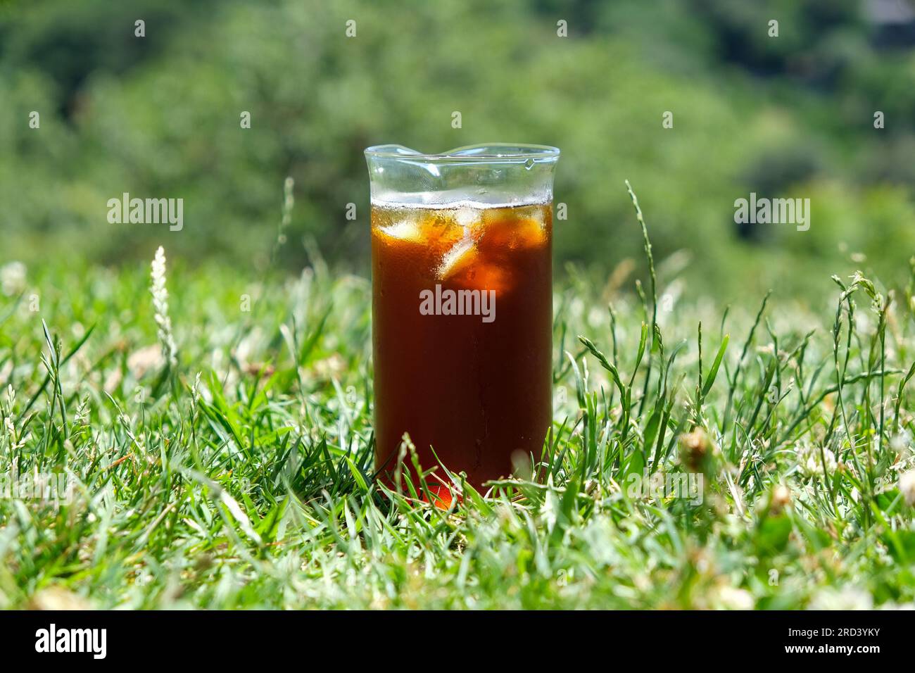 Close up ice cold brew coffee on the grass. Drinking ice cold brew ...