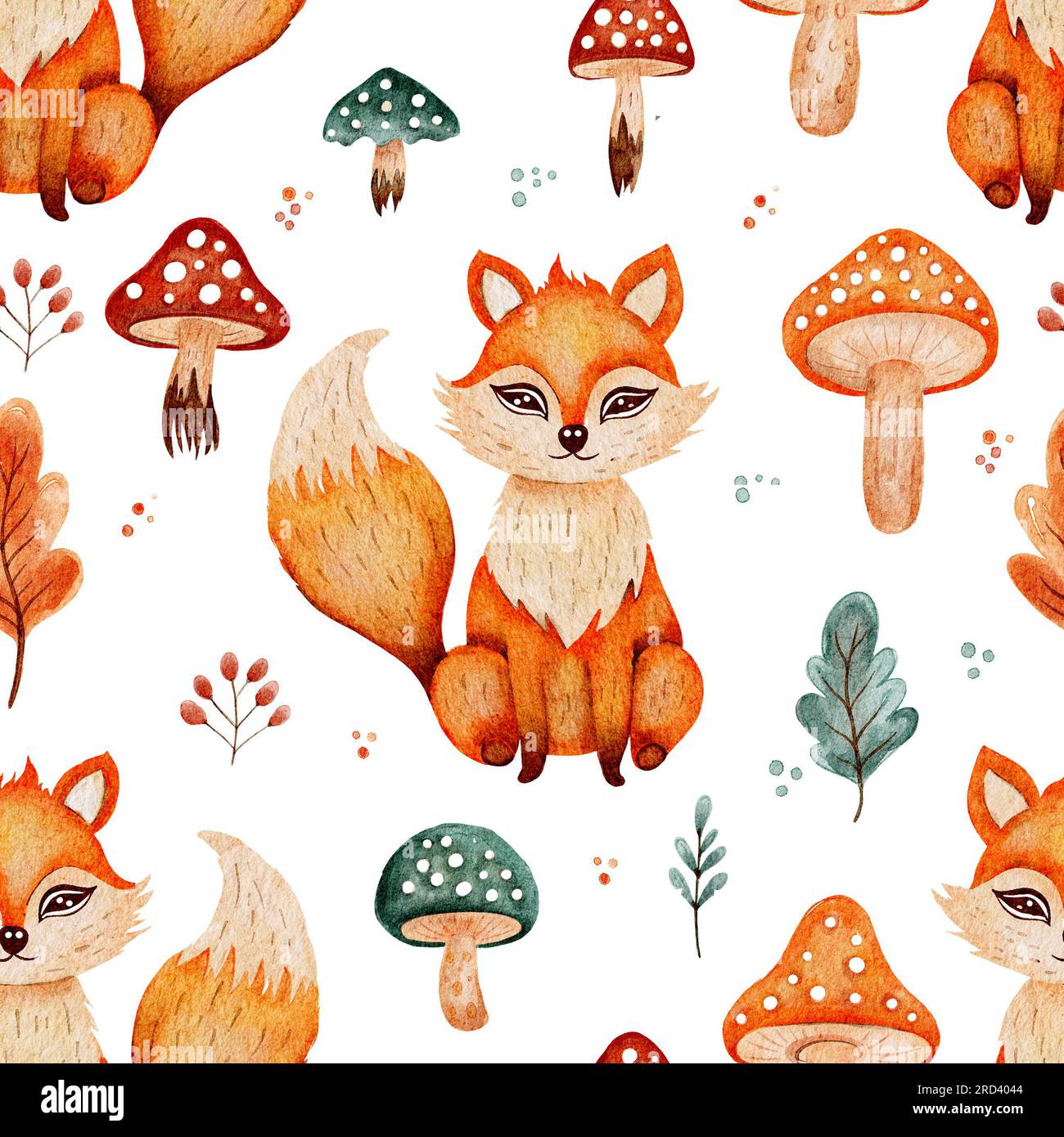 Cute little fox forest flower watercolor seamless pattern among forest ...