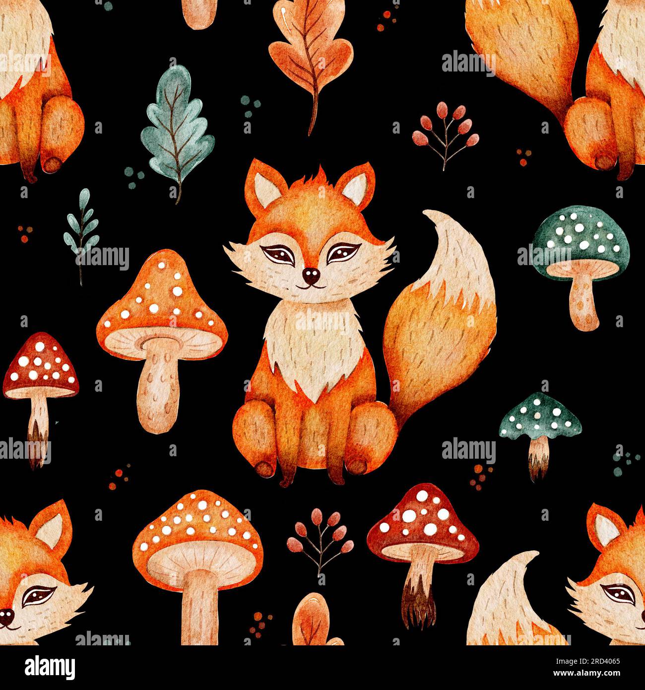 Cute little fox forest flower watercolor seamless pattern among forest ...