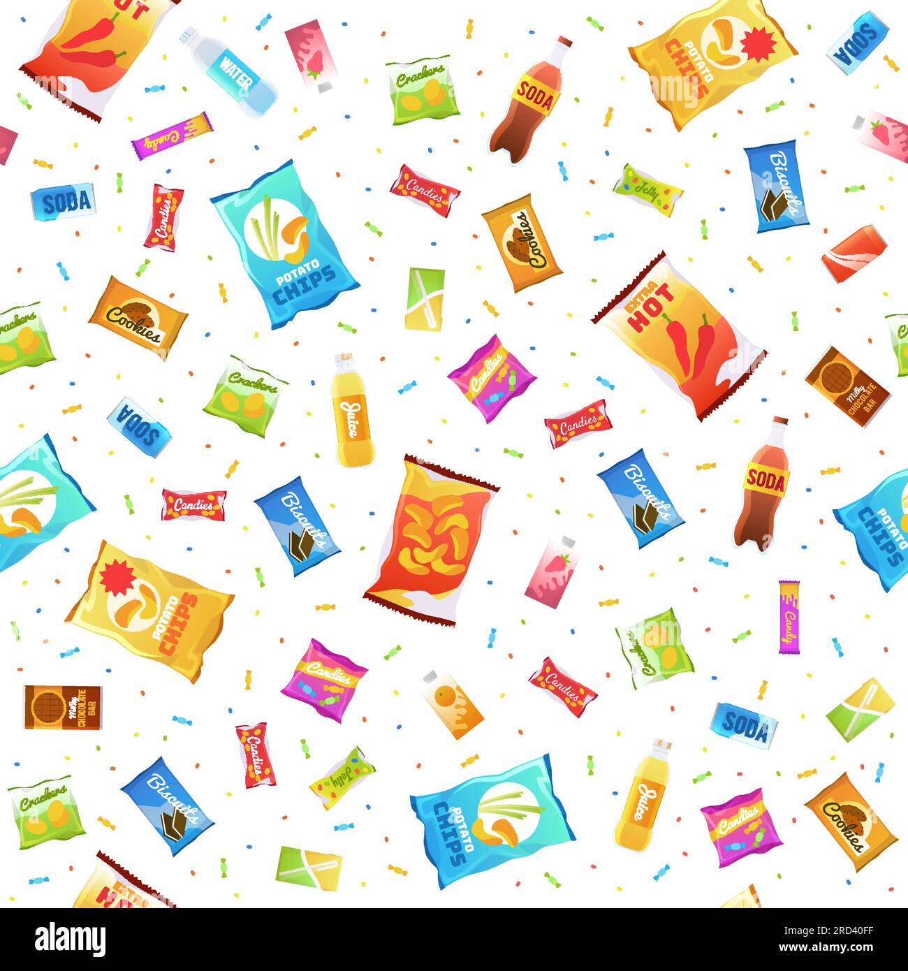 Seamless pattern with sweet drinks and candy. Soda water, chips in ...