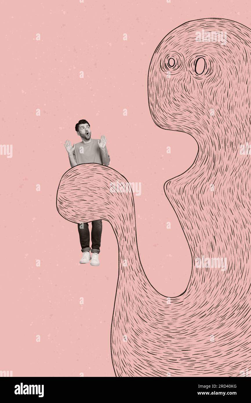 Photo collage artwork minimal picture of scary strange monster catching ...