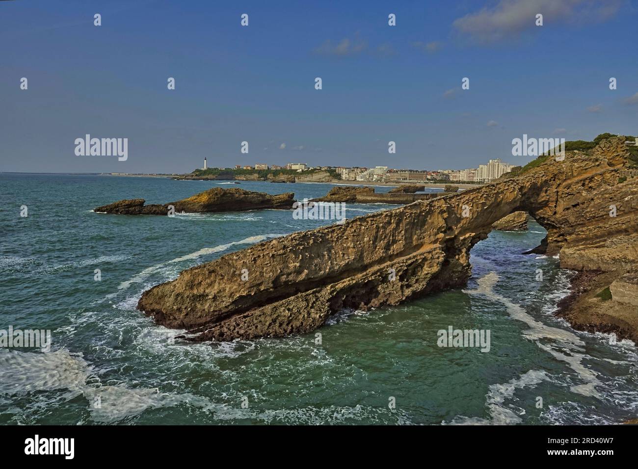 Biarritz, France, July, 2023 View of the granite bridge, eroded by sea ...