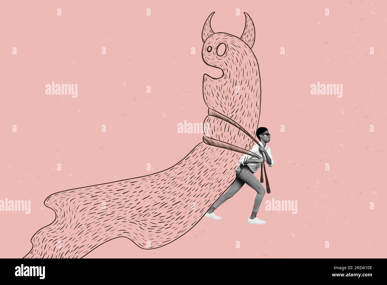 Creative collage image of mini black white effect person arms pull big ...