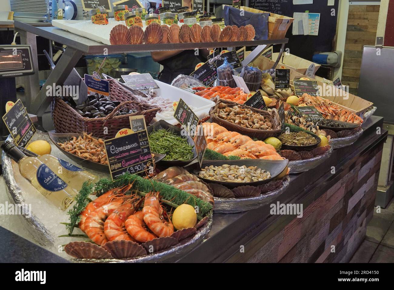 Biarritz, France, July, 2023 Seafood market display inside Les Halles ...