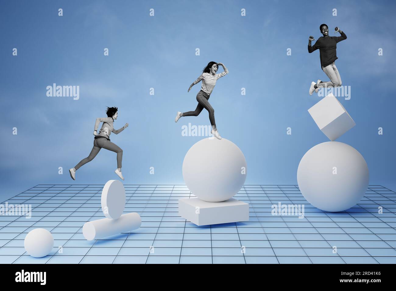 Artwork collage image of excited determined black white effect people ...