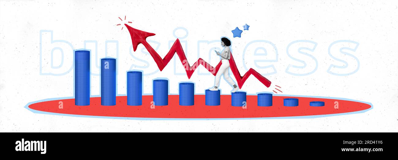 Collage panorama of business concept picture walking woman diagram ...