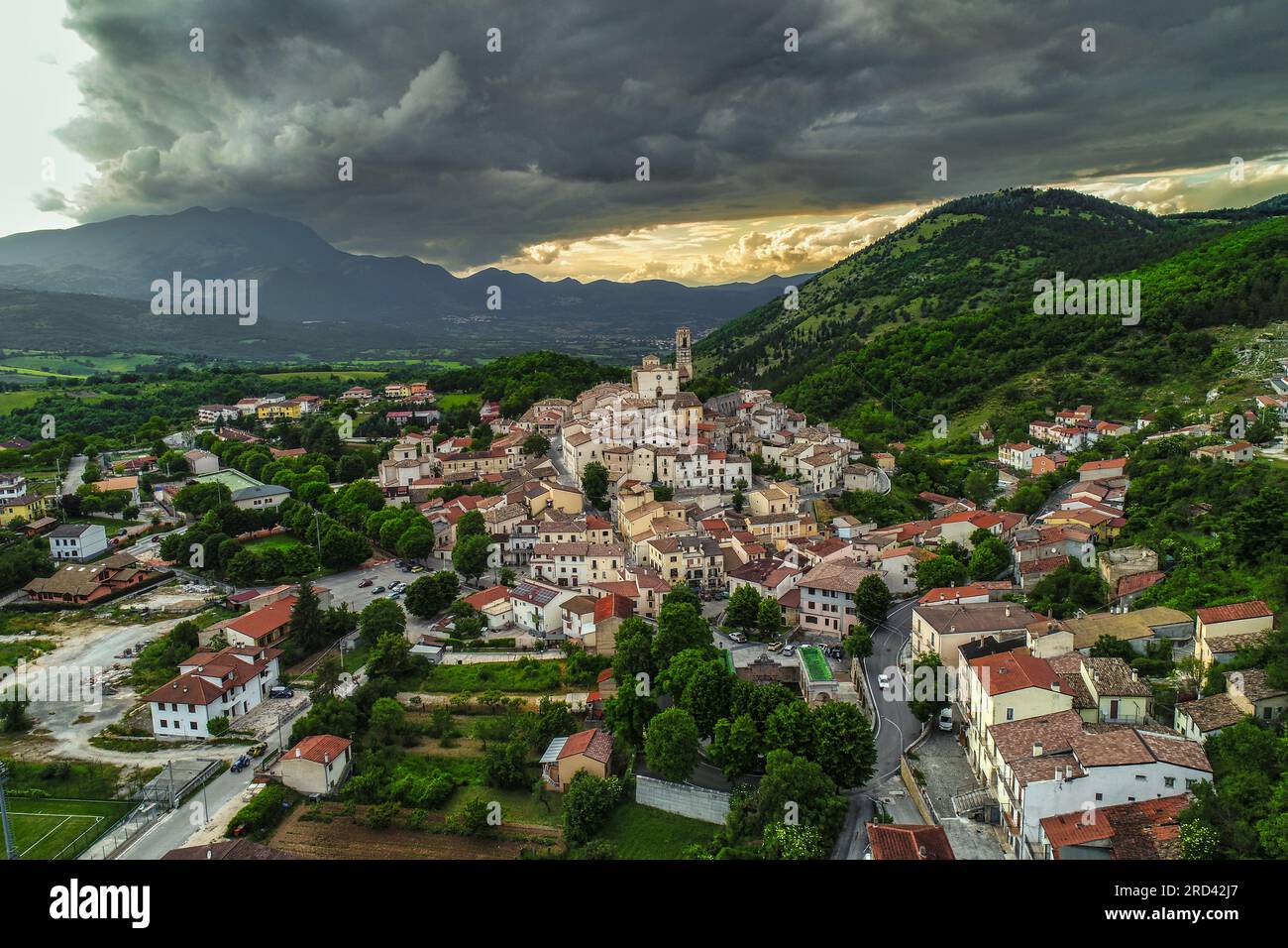 aerial view of the small village of Goriano Sicoli placed among the ...