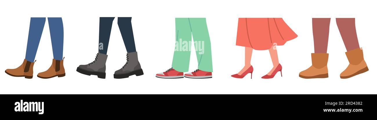 Set of feet in different modern shoes. Various types of mens or womens ...