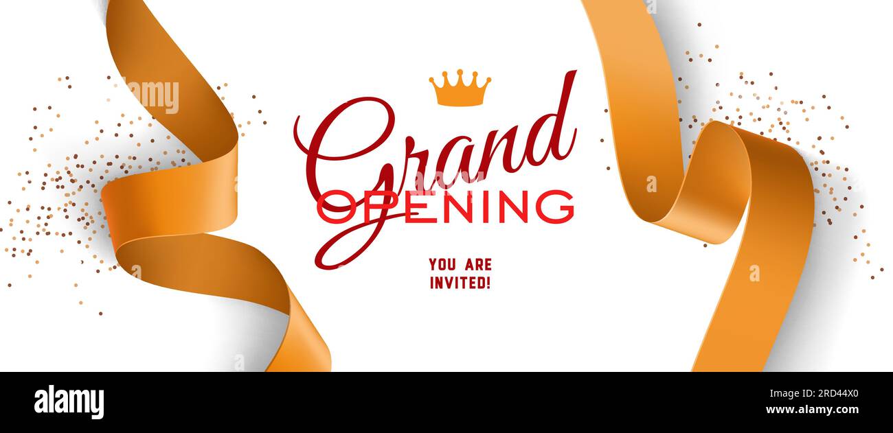 Grand opening invitation design with crown, gold ribbons Stock Vector ...