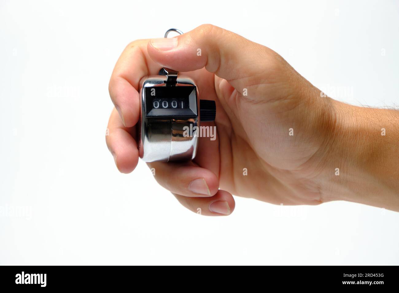 Manual mechanical counter in hand on white background Stock Photo - Alamy