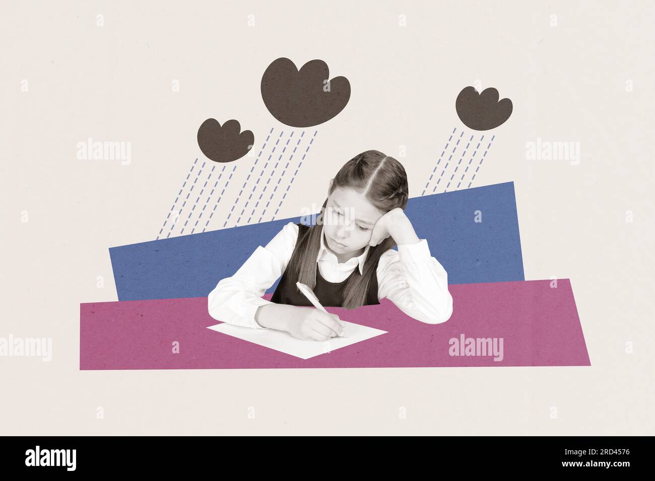 Creative retro 3d magazine collage image of unhappy sad small girl ...
