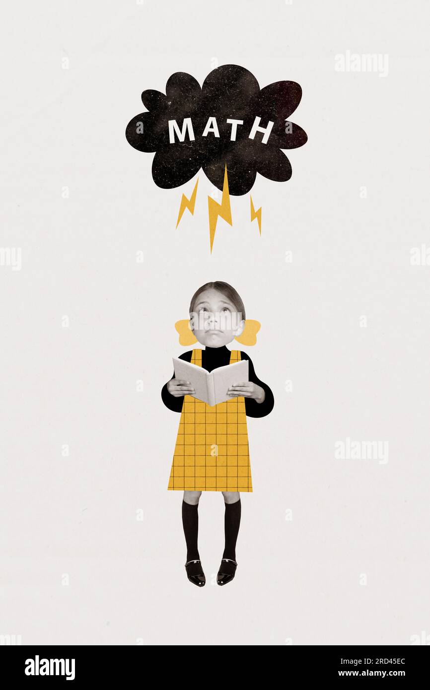 Vertical collage image of black white effect unsatisfied girl hold book ...