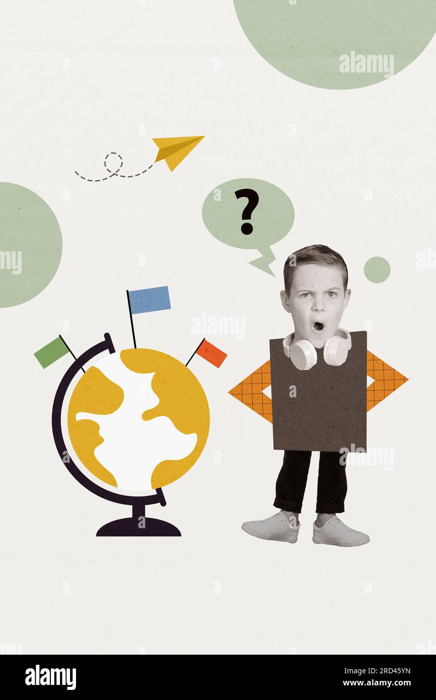 Vertical collage picture of funky black white colors kid question mark ...