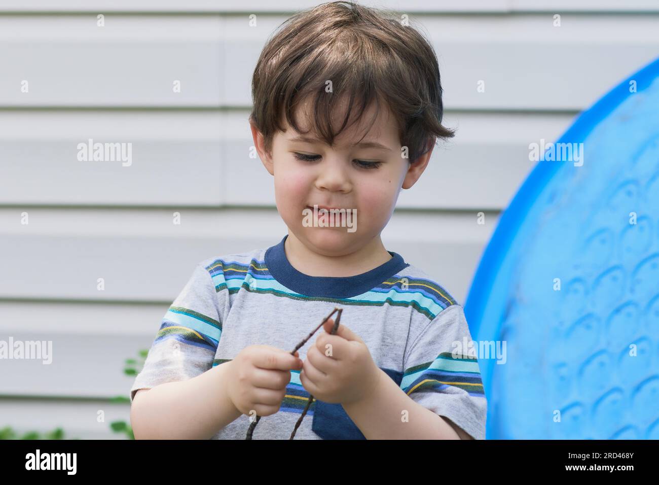 Cute baby boy playing with a stick in the backyard Stock Photo - Alamy