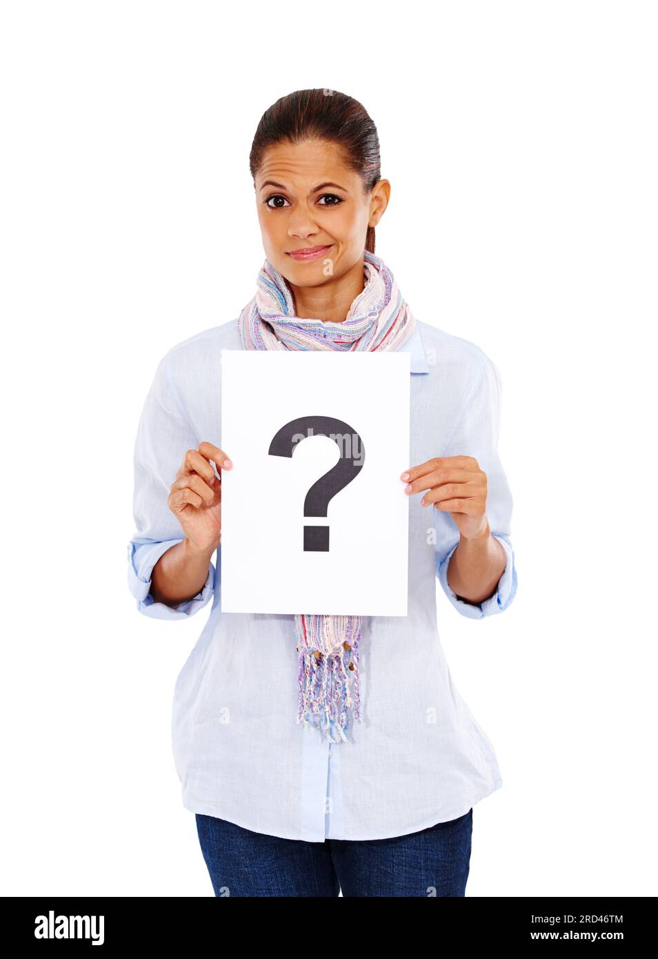 Question mark, marketing and portrait of a woman with a poster for ...