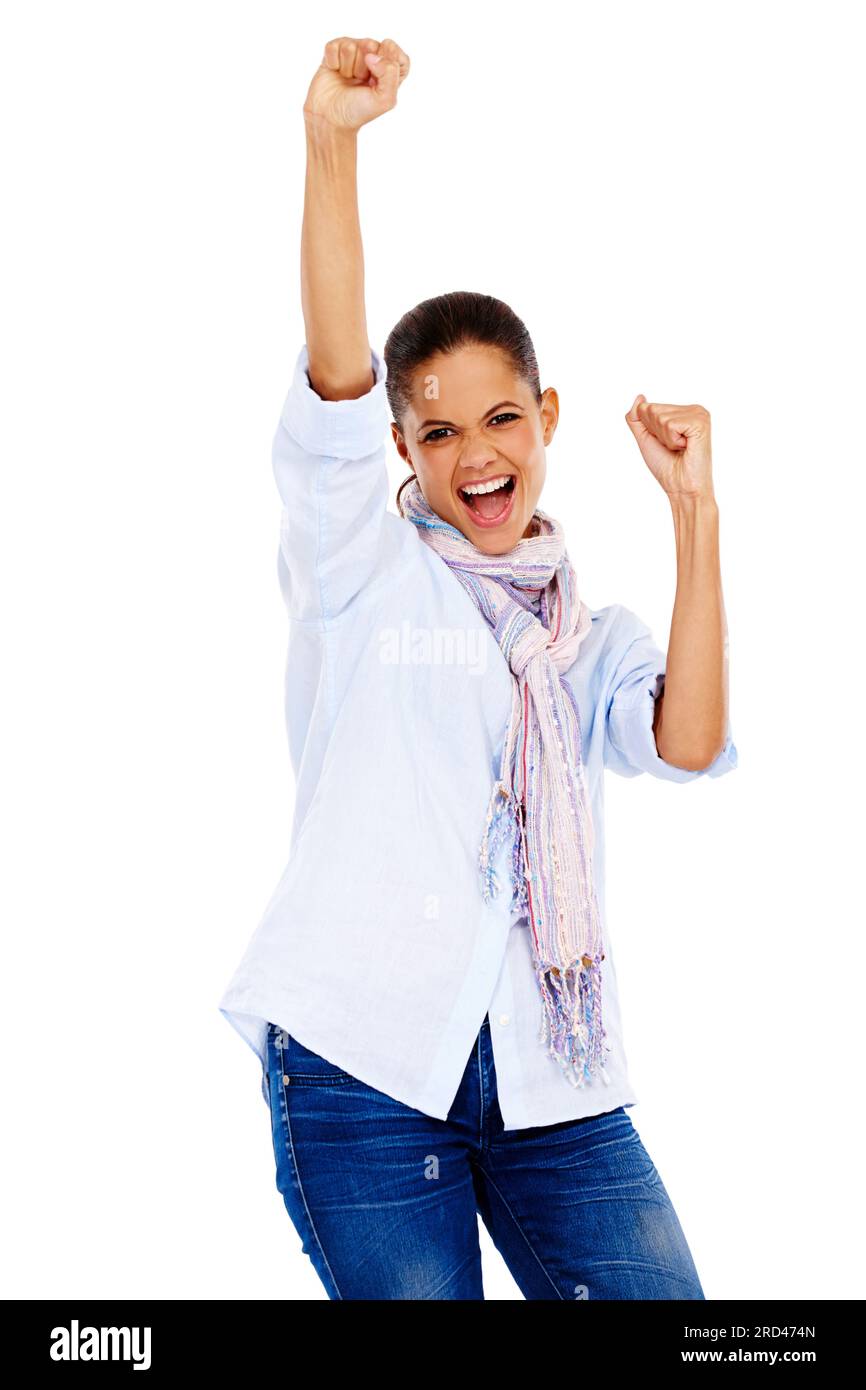 Winner, portrait and success celebration of woman in studio isolated on ...