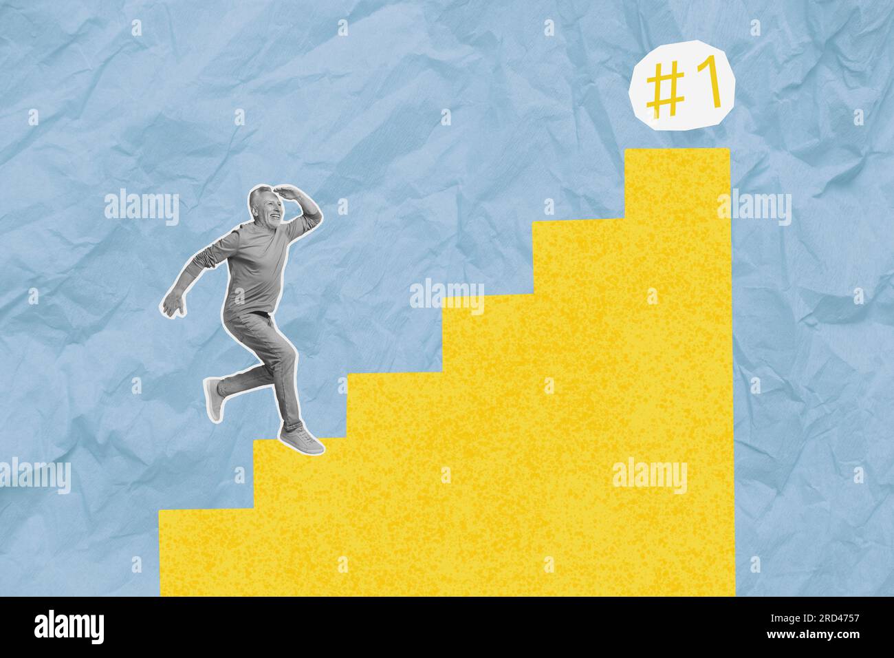 Funny middle age businessman collage illustration climbing upstairs ...