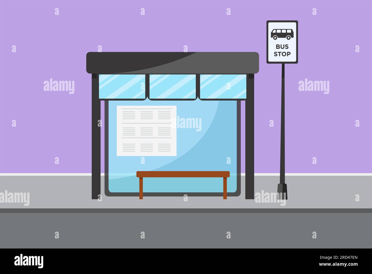 Graphic flat design drawing empty bus stop with shelter, simple bus ...