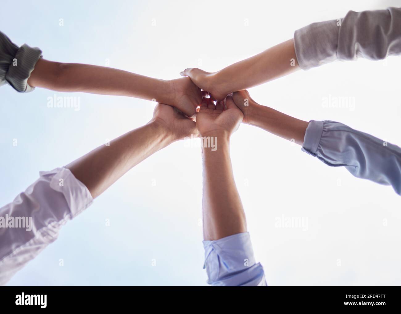 Team building, hands and people high five in collaboration, support and circle of trust for ...