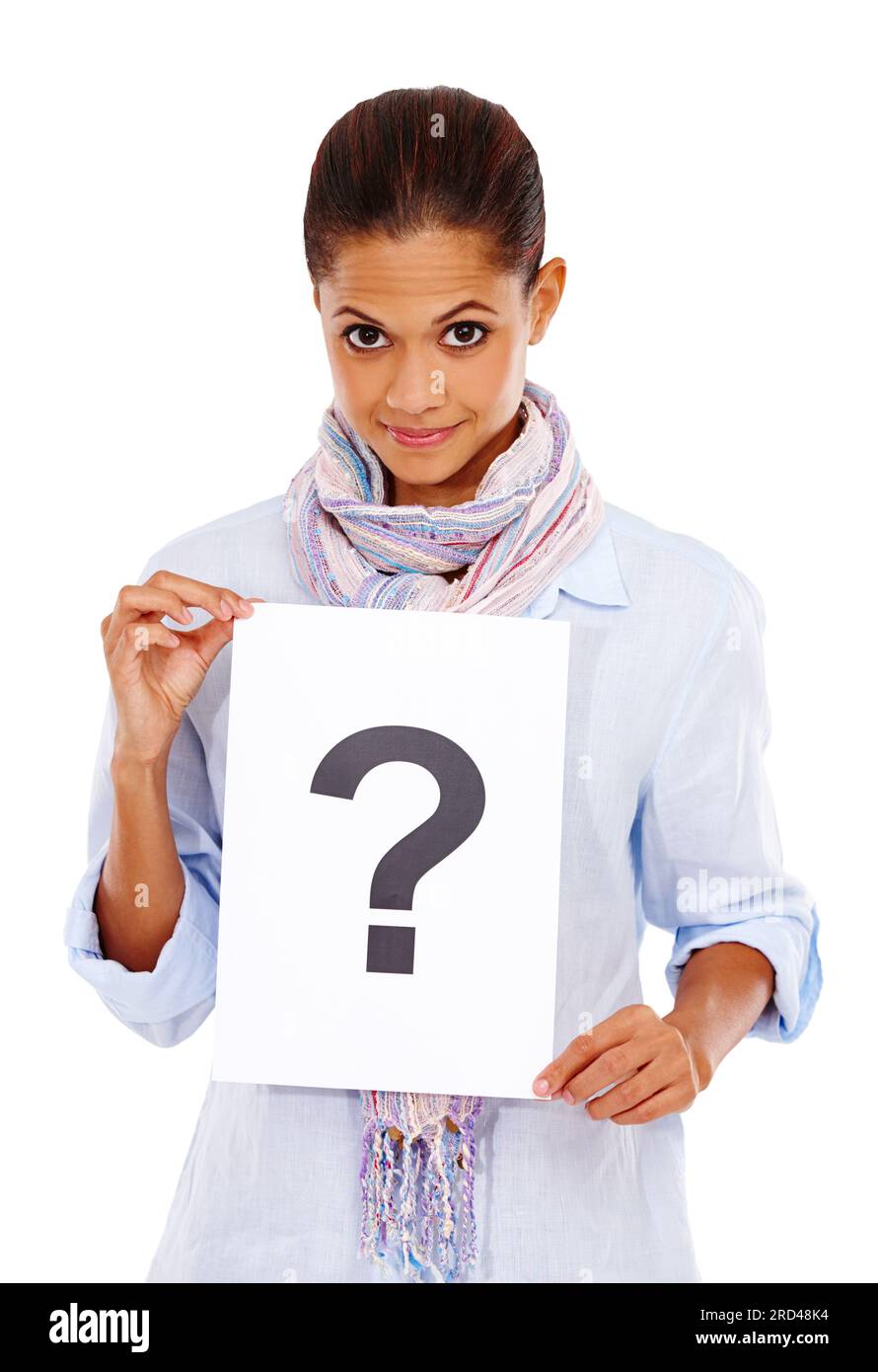 Happy, question mark and portrait of a woman with a paper isolated on a ...