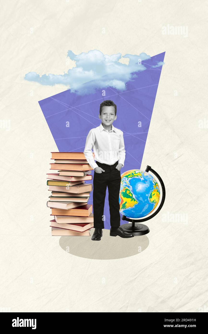 Vertical composite collage of young boy studying school wear uniform ...