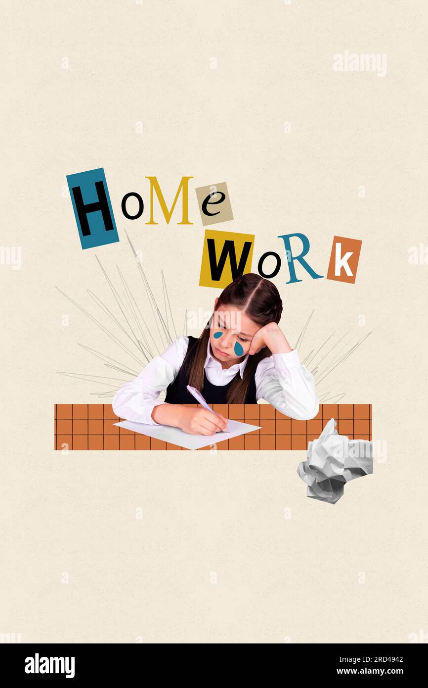 Vertical collage image of unsatisfied gloomy lazy girl hold pen write ...