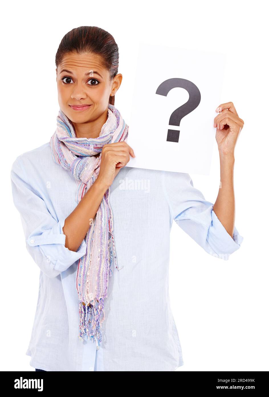 Confused, question mark and portrait of a woman with a paper isolated ...