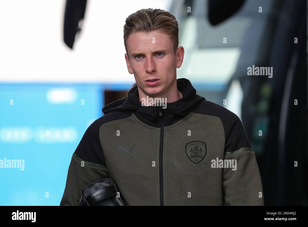 Oli Shaw #23 of Barnsley arrives at The MKM Stadium ahead of the Pre ...