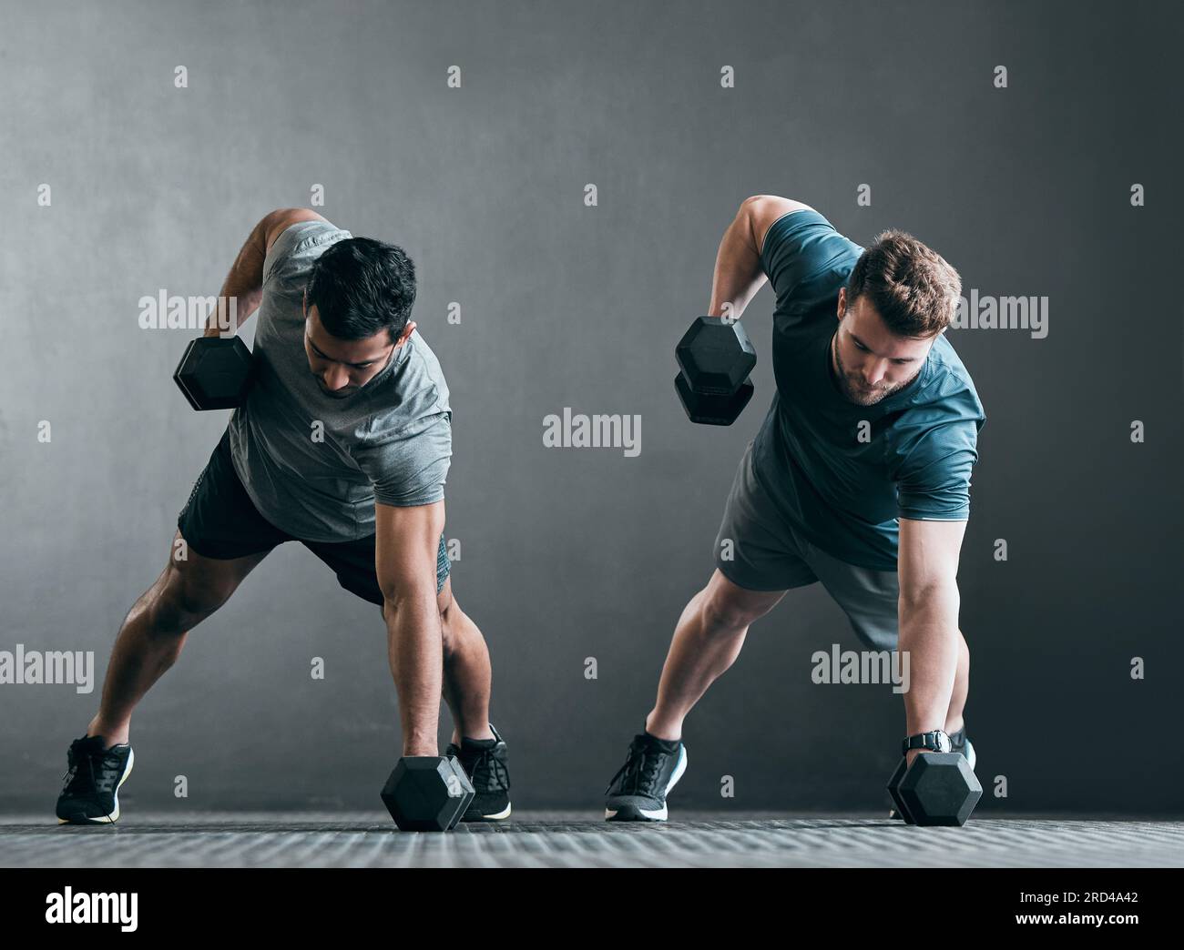 Fitness, men and dumbbell push up for exercise with focus, power and ...