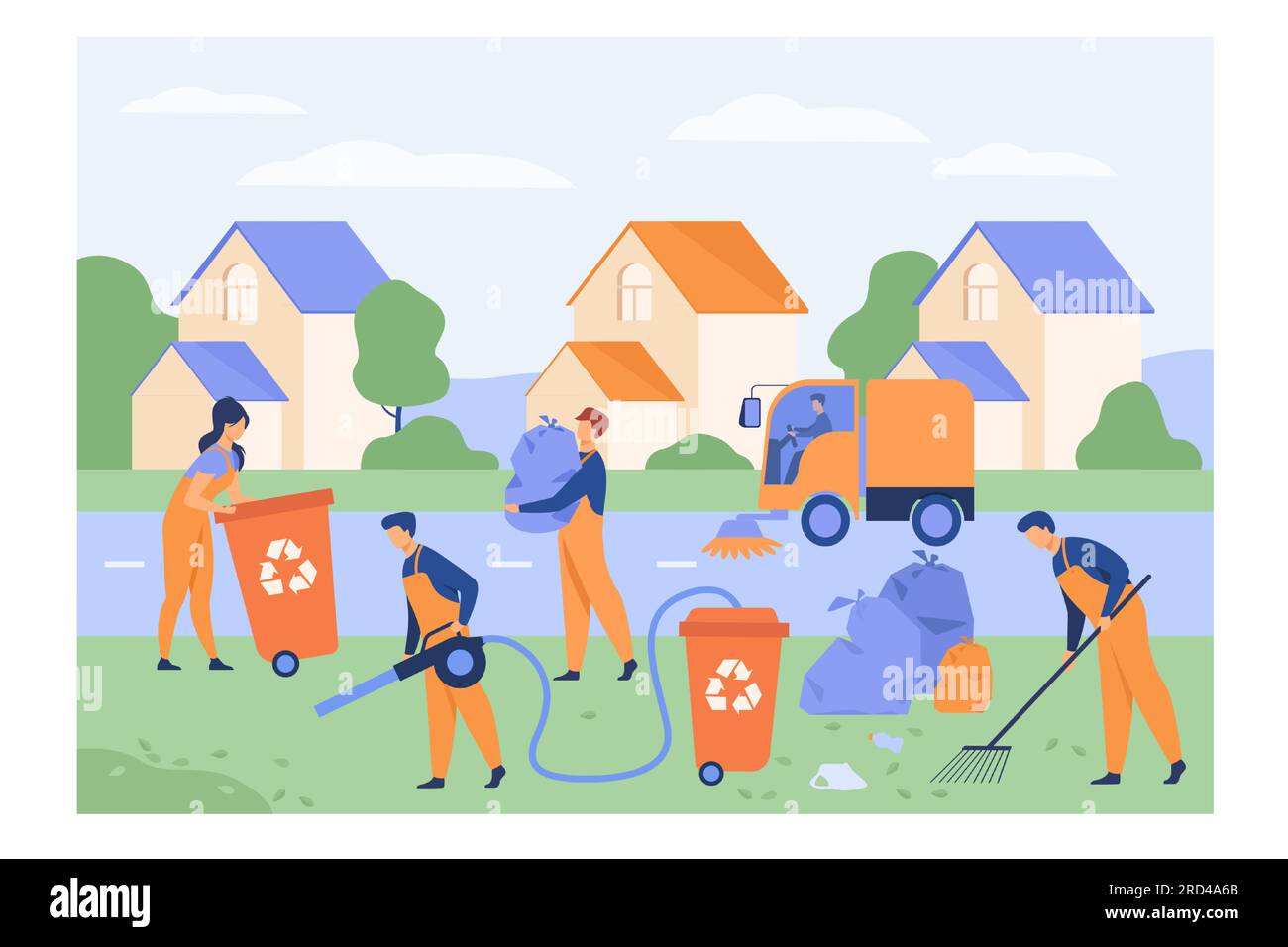 Cleaning workers picking up litter on suburban street Stock Vector ...
