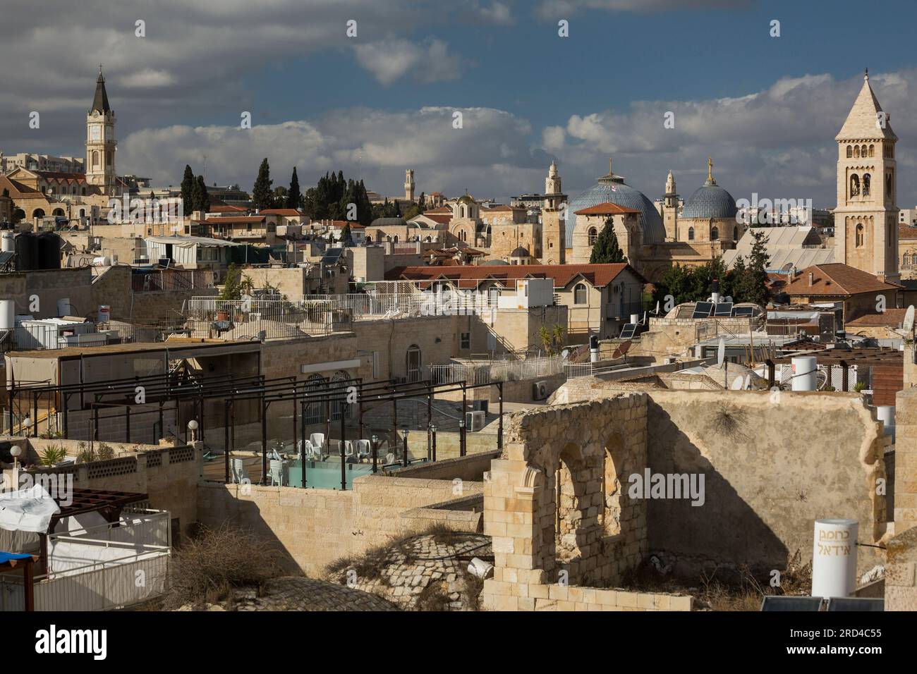 Aerial view of the roofs and terraces of the buildings of the Jewish ...