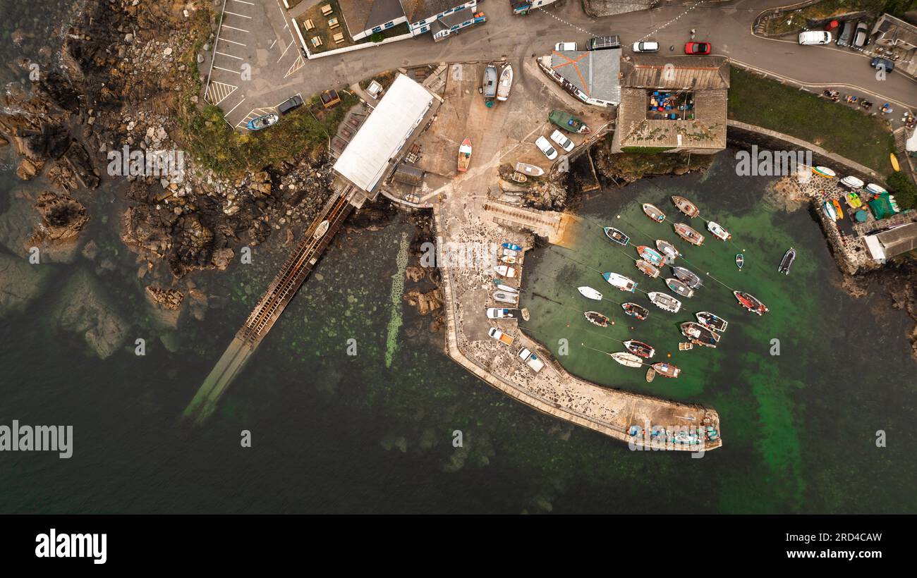 Aerial landscape of the quaint Cornish fishing village of Coverack in ...