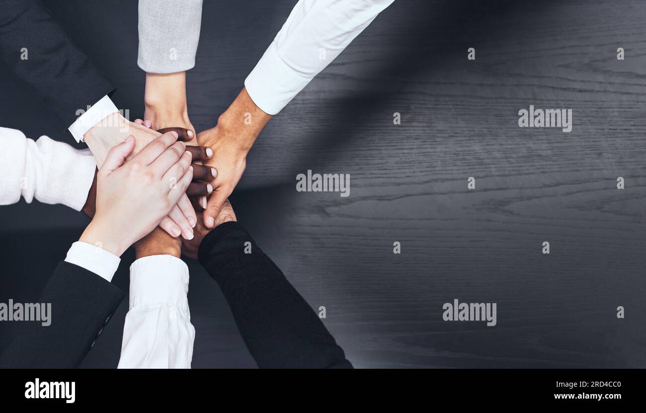 Business people, meeting and hands together above on mockup for ...