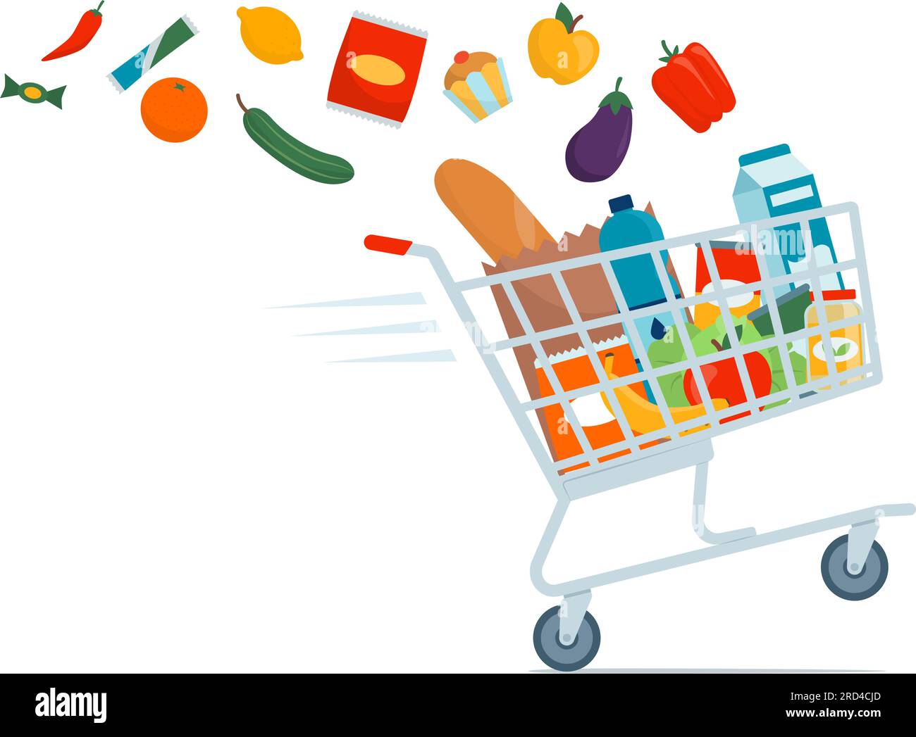 Fast supermarket shopping cart full of fresh groceries isolated Stock ...
