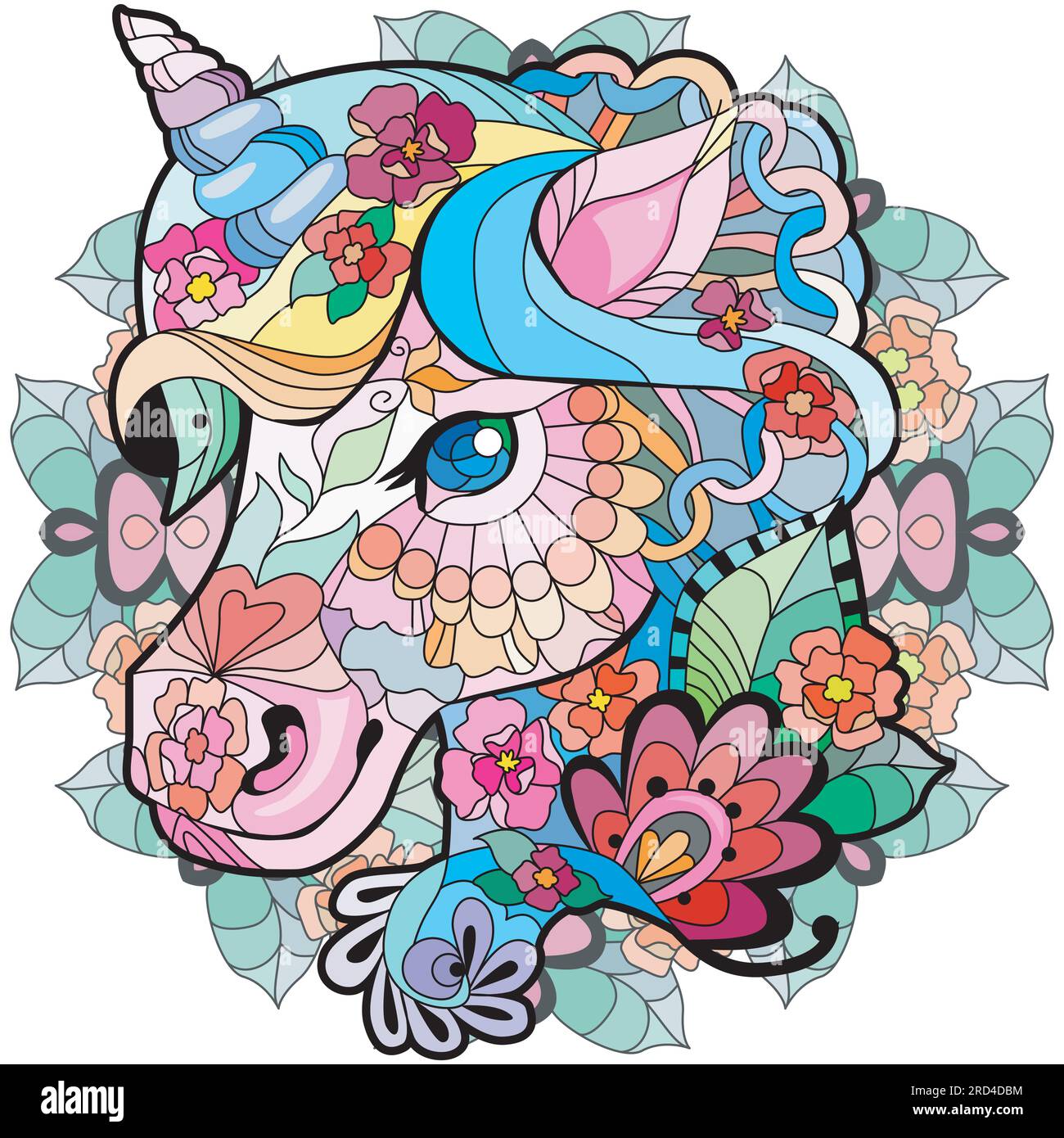 Head unicorn on mandala zentangle styled. May be used for print on t ...