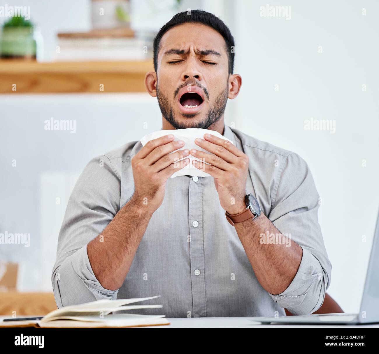 Sneeze, allergies and business man in office with tissue for sick ...