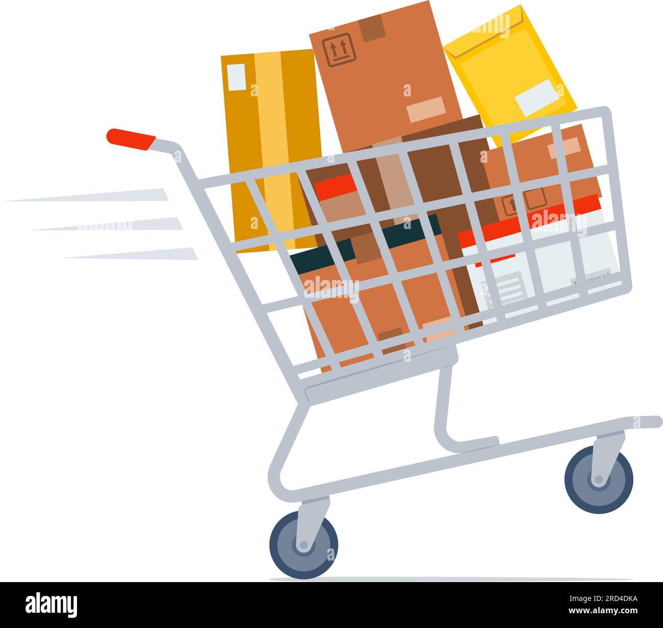 Fast shopping cart full of delivery boxes and parcels, online shopping ...