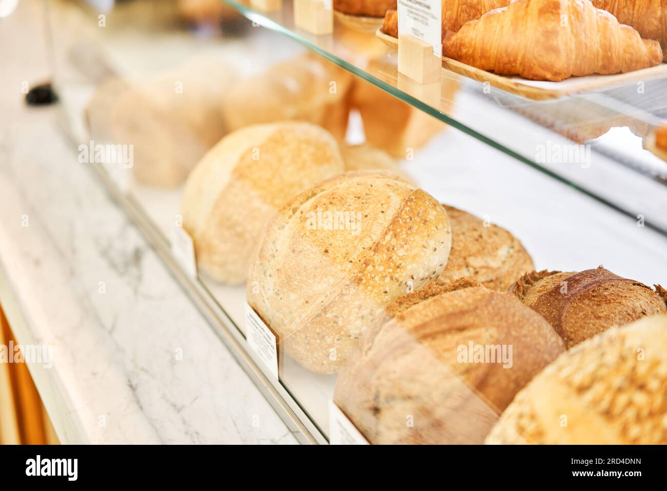 Different kinds of bread on the counter in the bakery shop. Fresh bread ...
