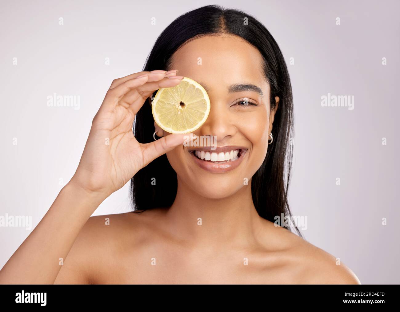 Happy woman, portrait and lemon for natural vitamin C, citrus or ...