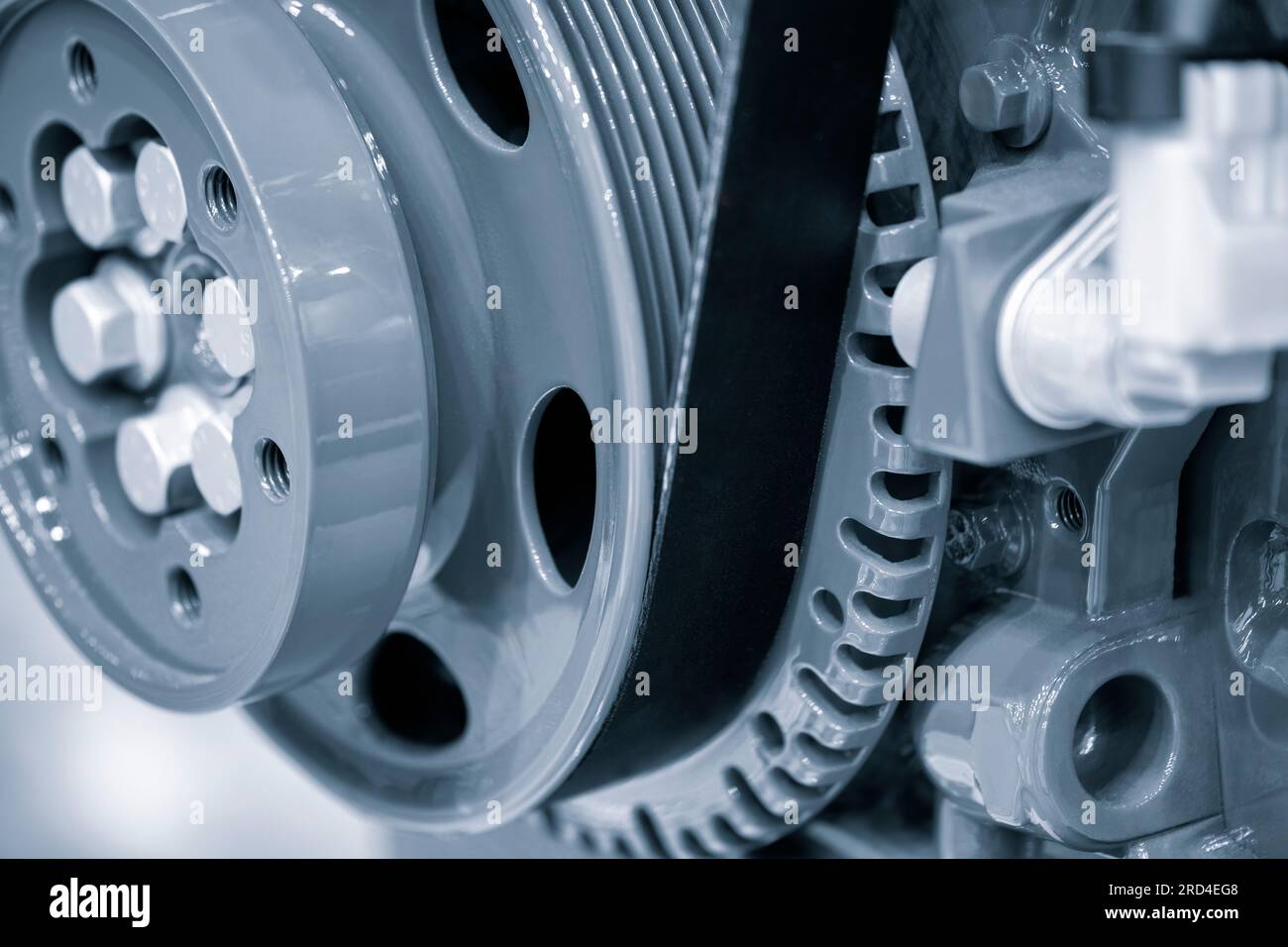Belt drive of Diesel engine electric generator. Close up car timing ...