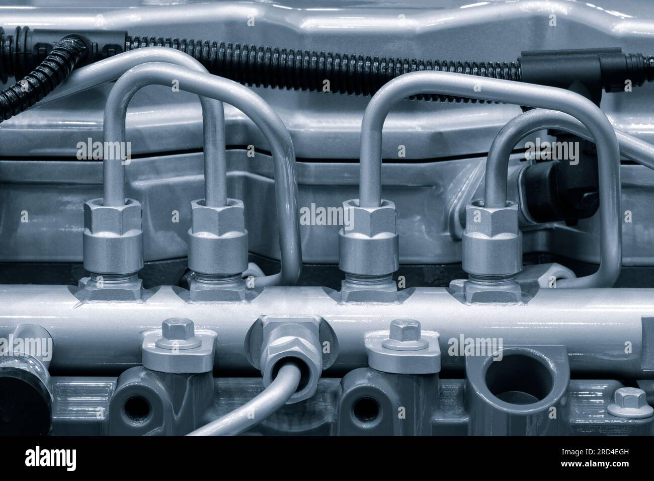 Blue diesel engine. Fragment of a diesel motor close-up. Selective on ...