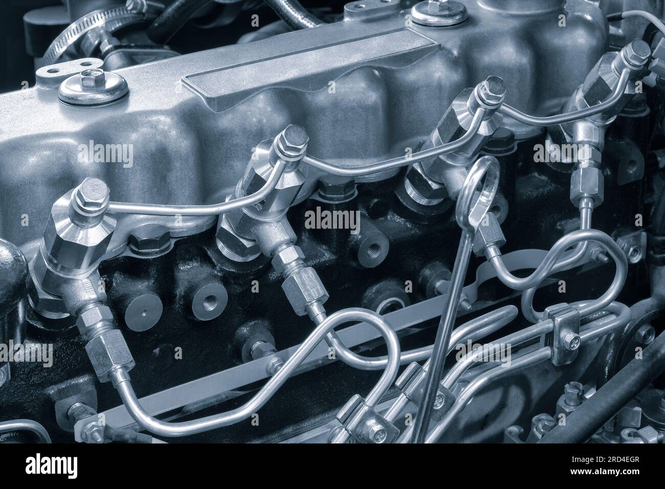 Blue diesel engine. Fragment of a diesel motor close-up. Selective on ...